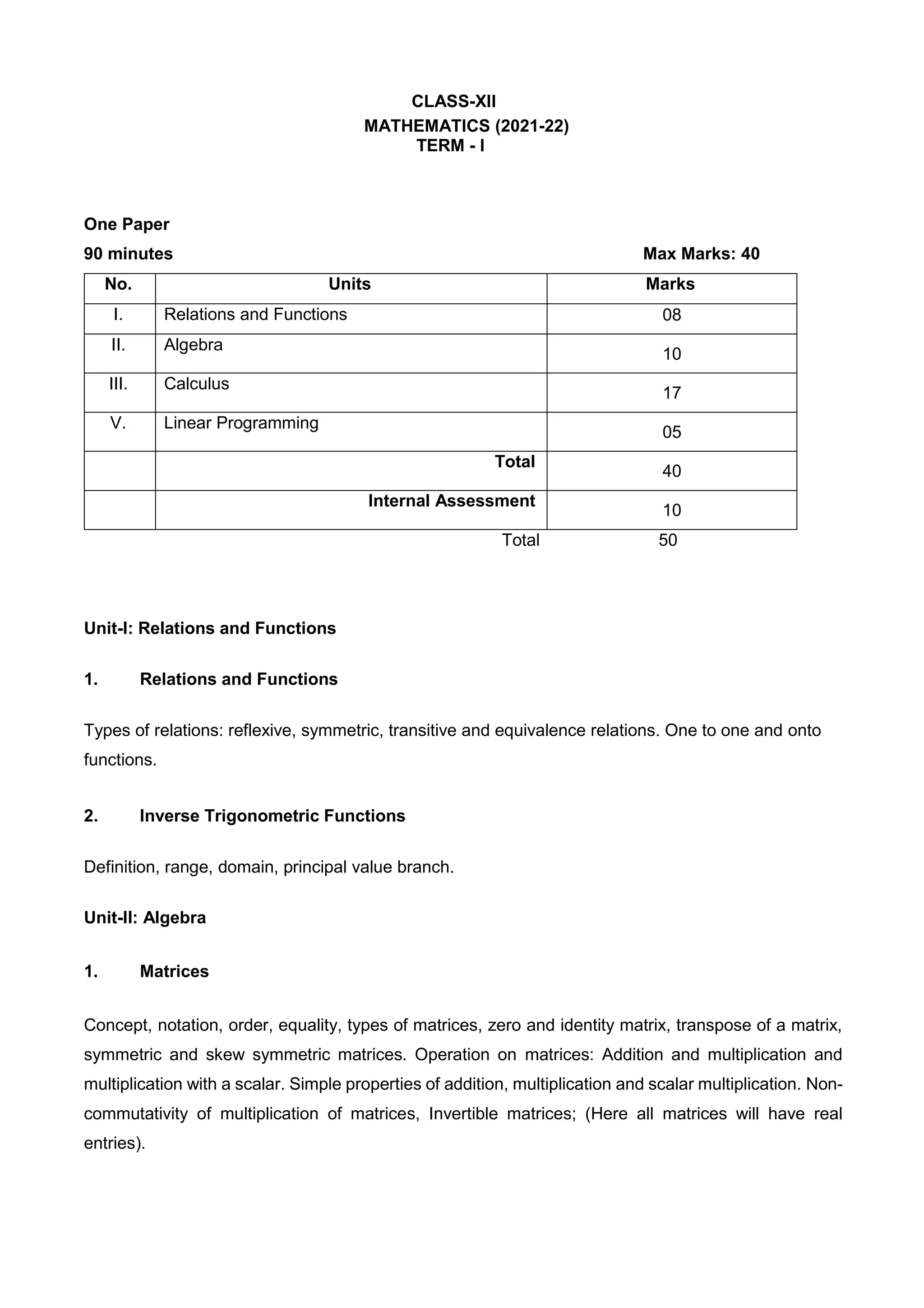 Mathematics sr.sec 2021-22 | PDF
