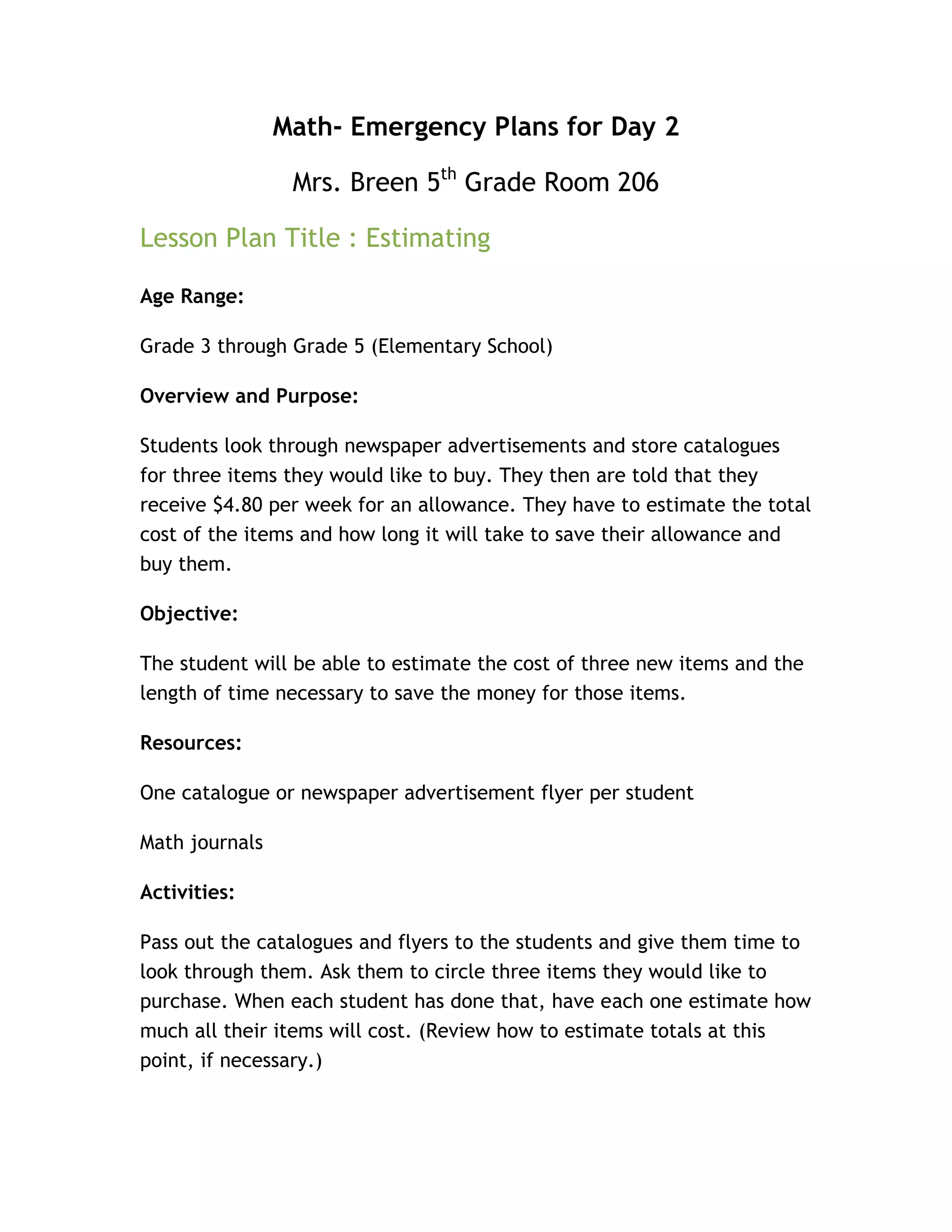 Math emergency plans | DOCX