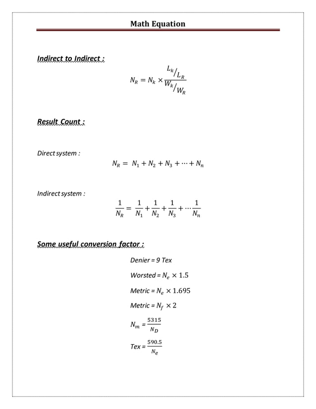 Textile Count Math Basic Equation | DOCX