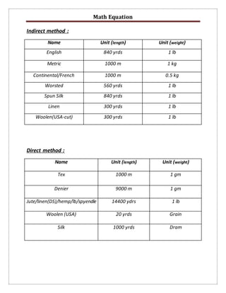 Textile Count Math Basic Equation | DOCX