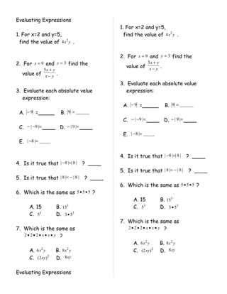 Evaluate Expressions Worksheet