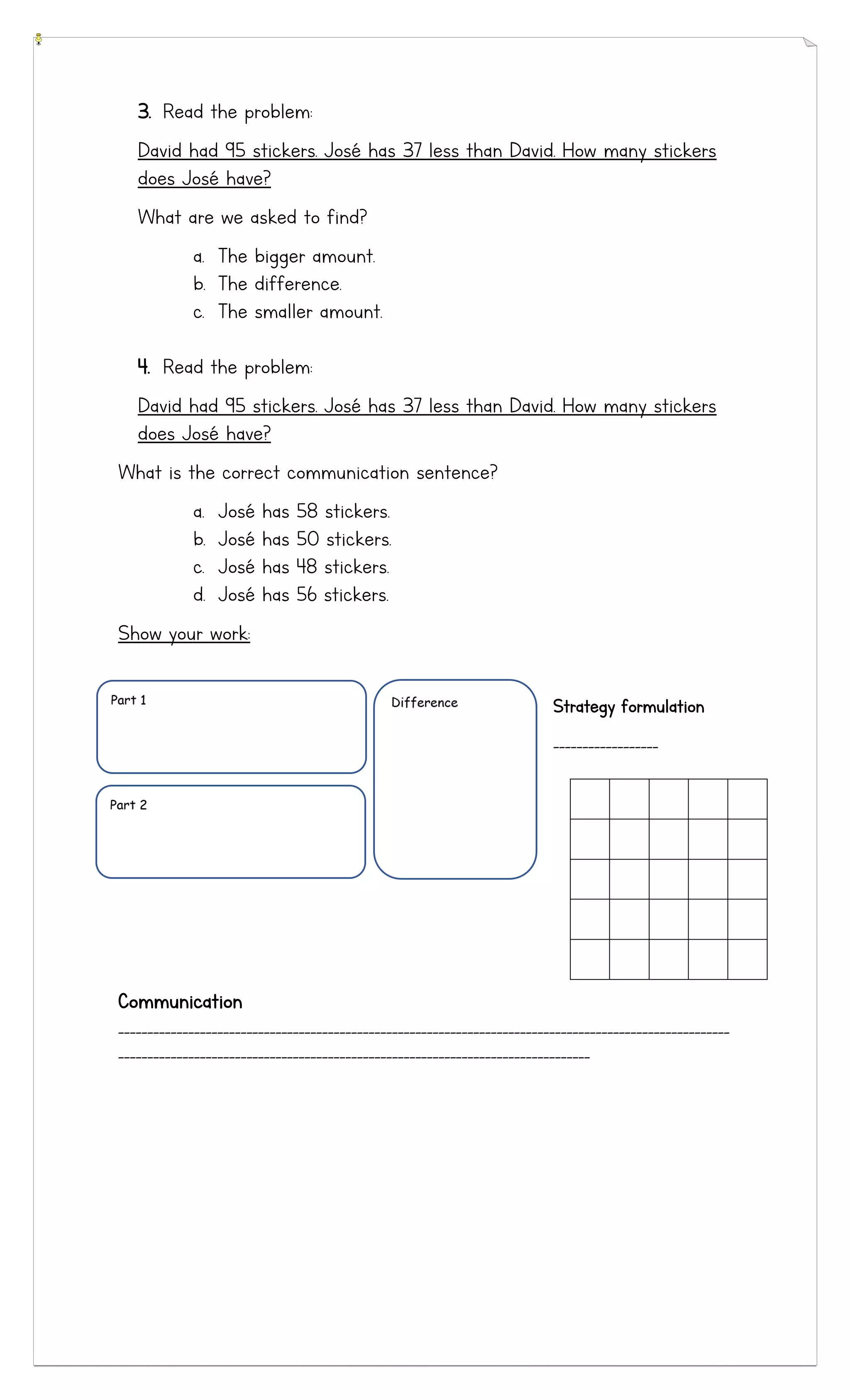 Math exercise workshop. Additive Comparison Word Problems. | PDF ...