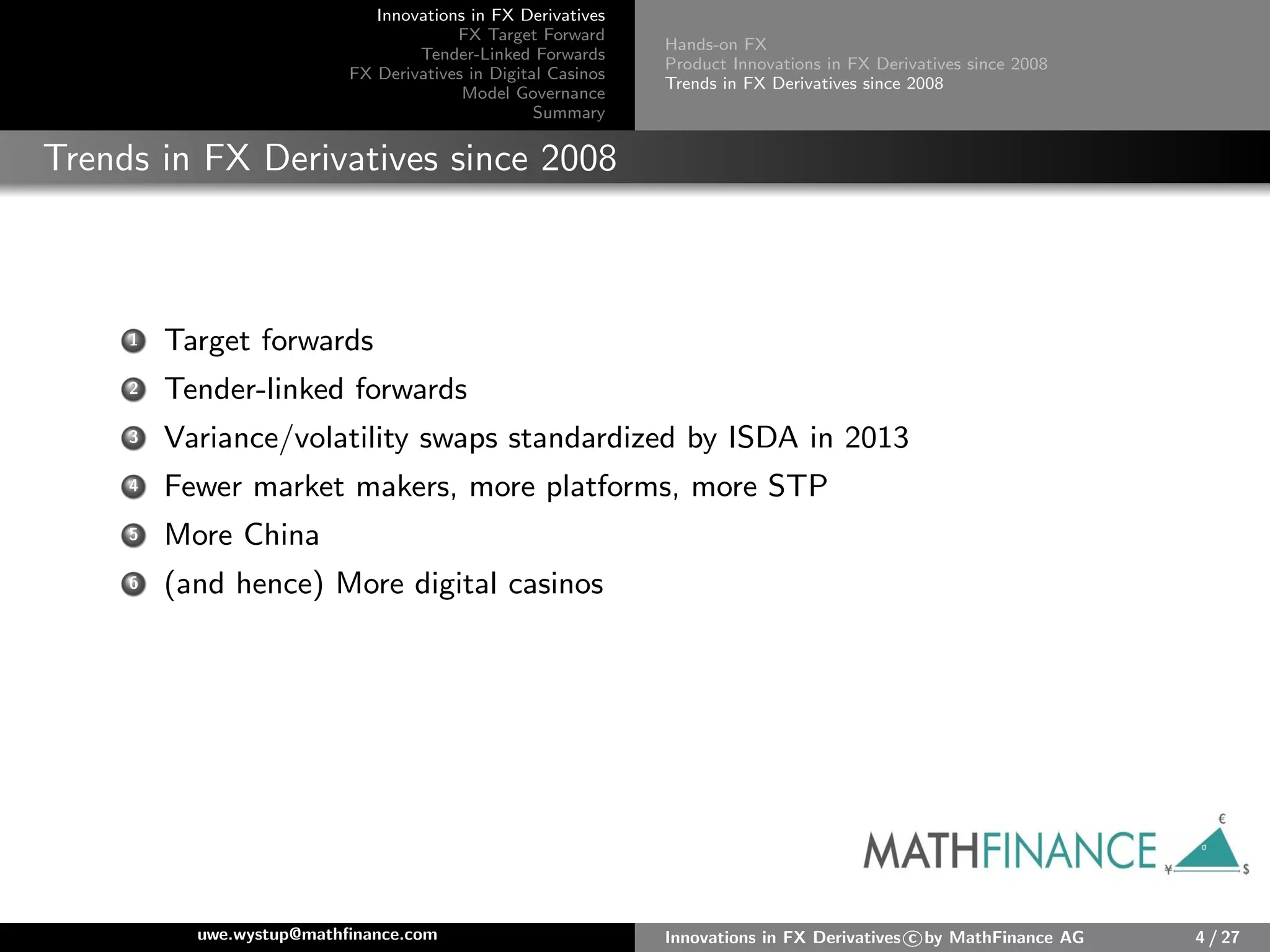 Uwe Wystup (MathFinance) on FX Derivatives Innovation | PDF