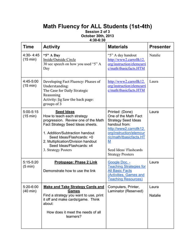 Math fluency for all students agenda | DOCX