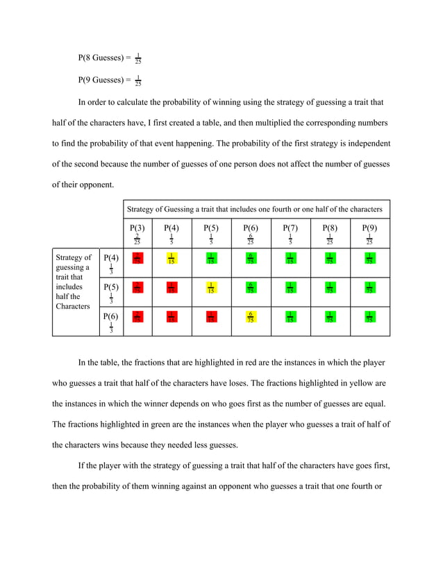 IB Math SL IA: Probability in Guess Who | PDF