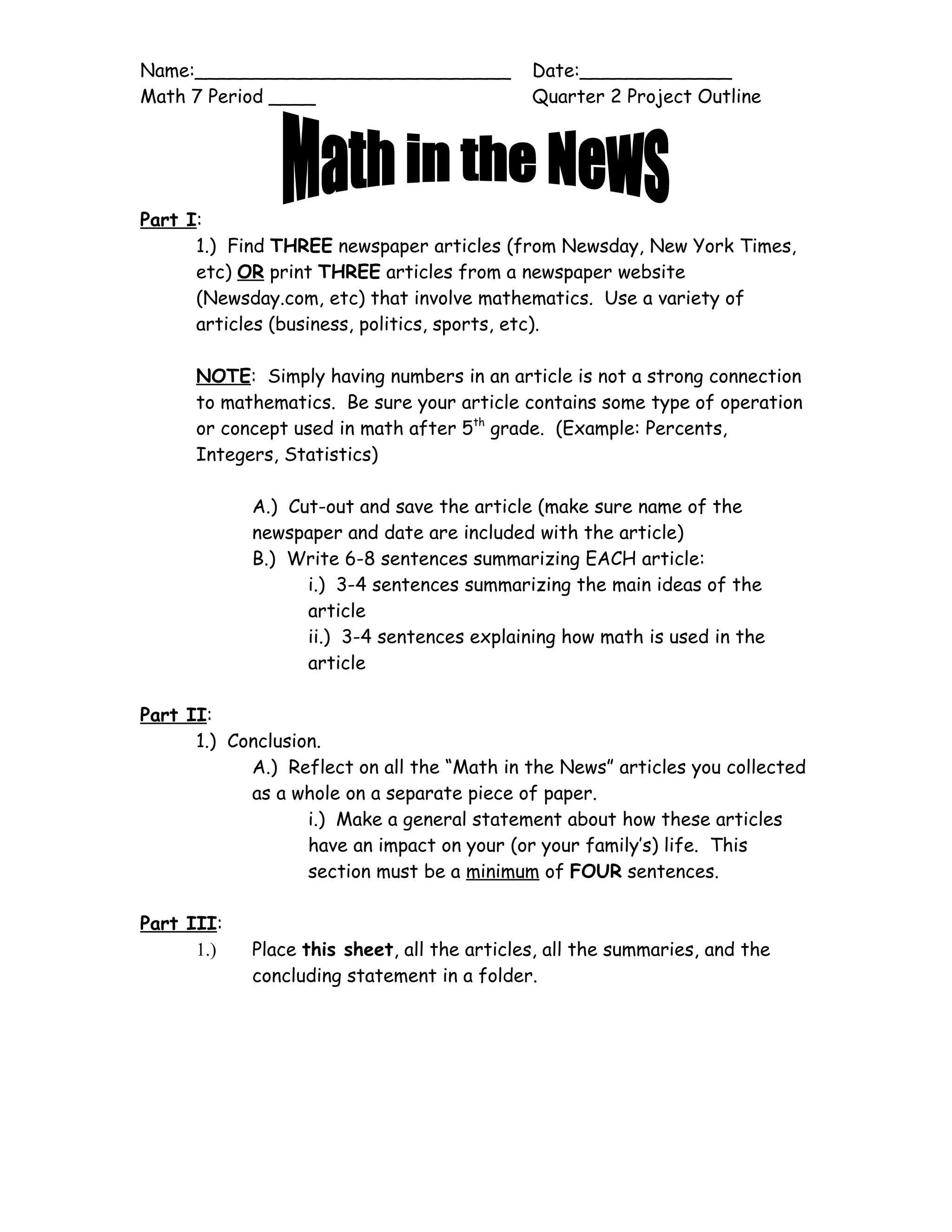 Math in the news project outline | PDF