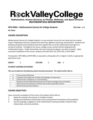 Math Literacy Course Syllabus Rock Valley College | PDF