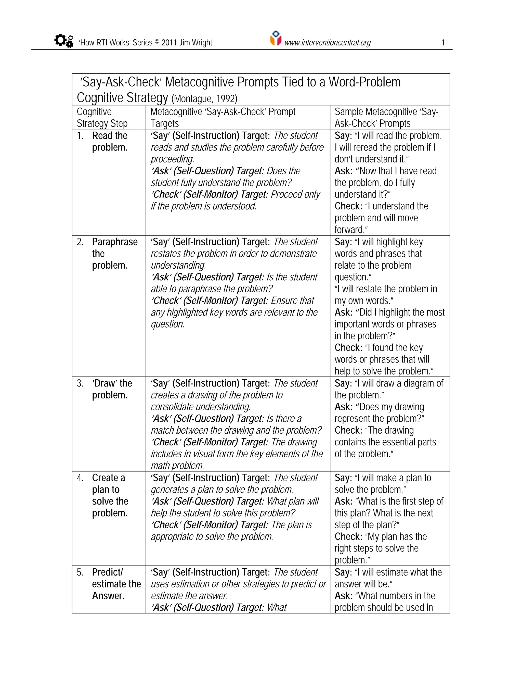 Math meta cog_strategy_montague_say_ask_check | PDF | Educational ...