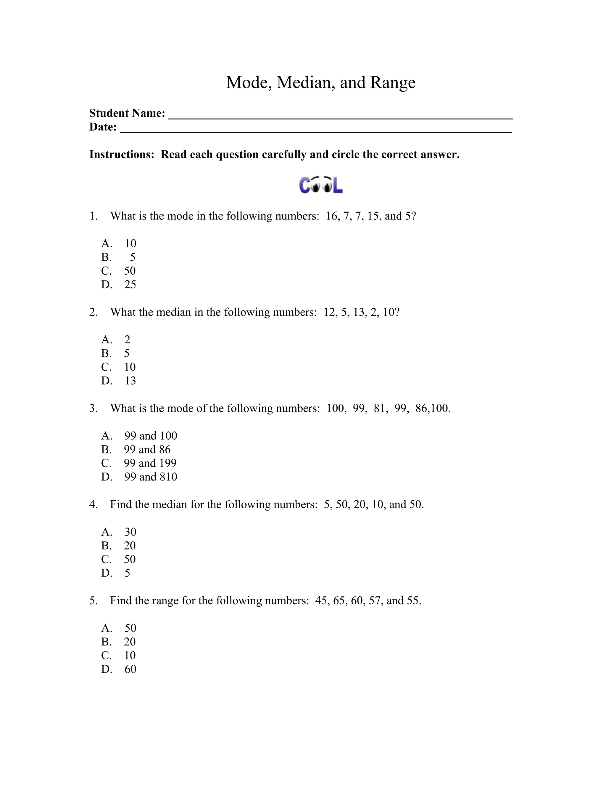 MATH: MEDIAN, MODE AND RANGE | PDF