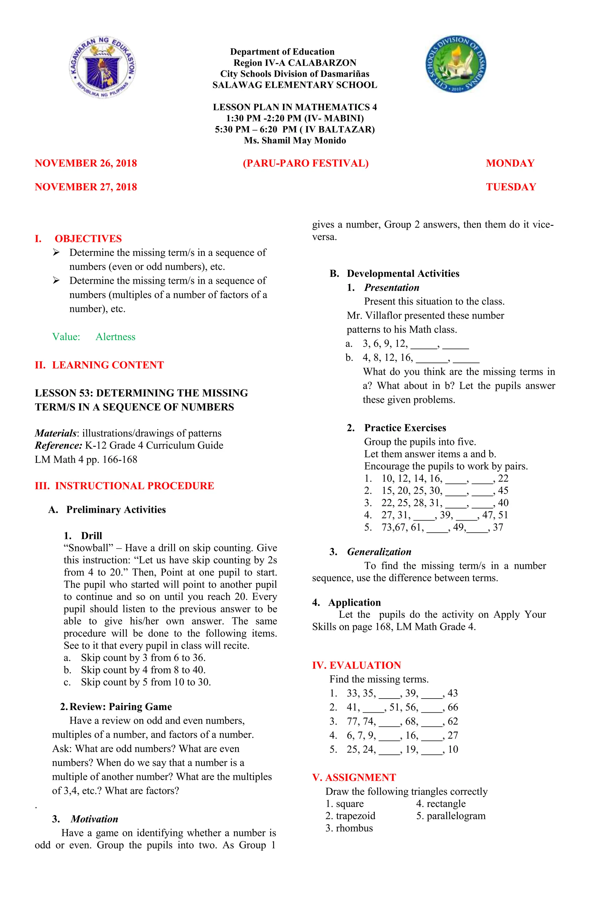 mathematics lesson plan for graded 4 pupils | DOCX