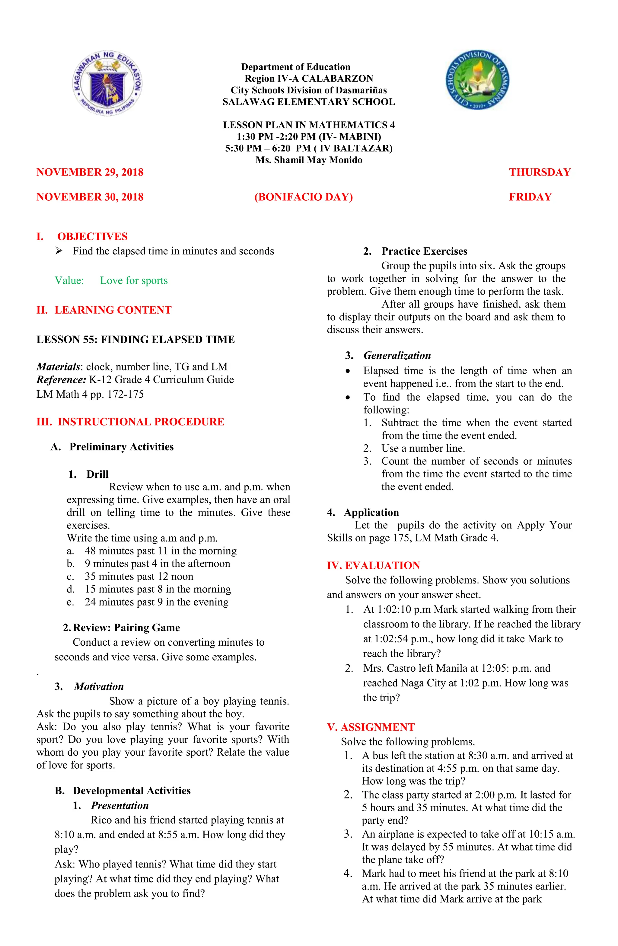 mathematics lesson plan for graded 4 pupils | DOCX | Homework and Study ...