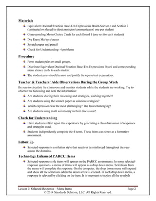 Math parcc 4 lesson 9 selected response strategy menu items ke | PDF