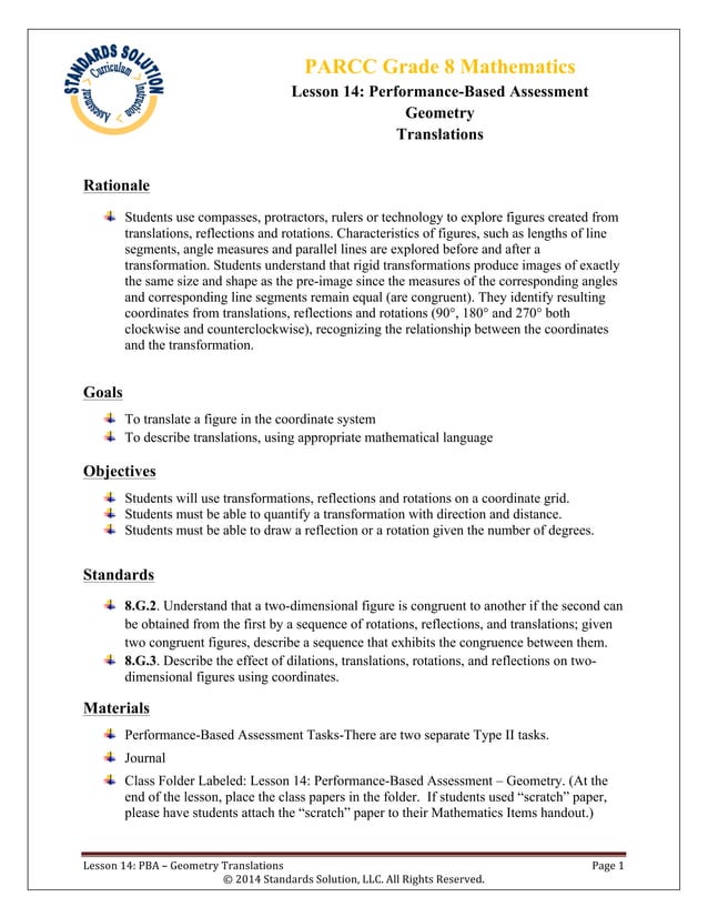 Math parcc 8 lesson 14 pba geometry translations | PDF