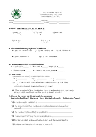 Math practice for final exam | DOC | Educational Assessment | Education