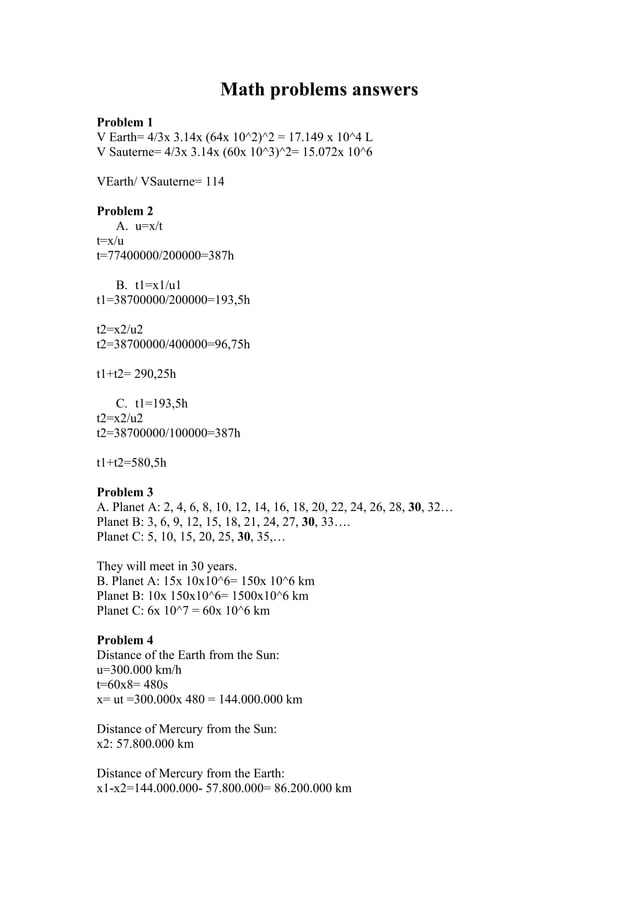 Math problems concerning astronomy_answers | PDF