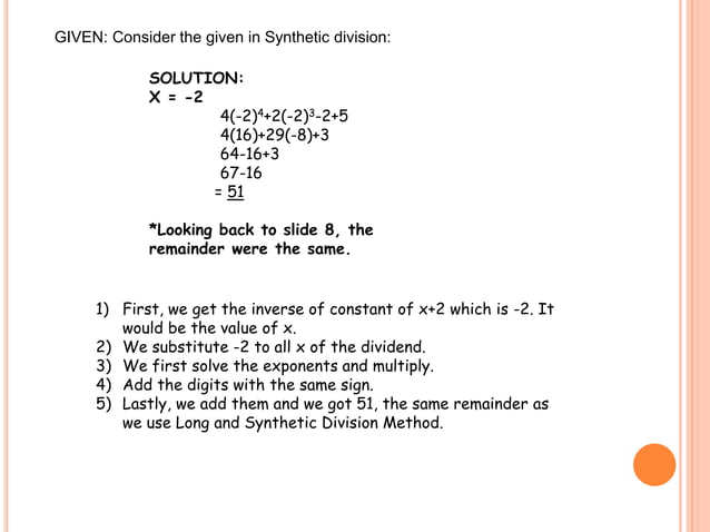 Long division, synthetic division, remainder theorem and factor theorem ...
