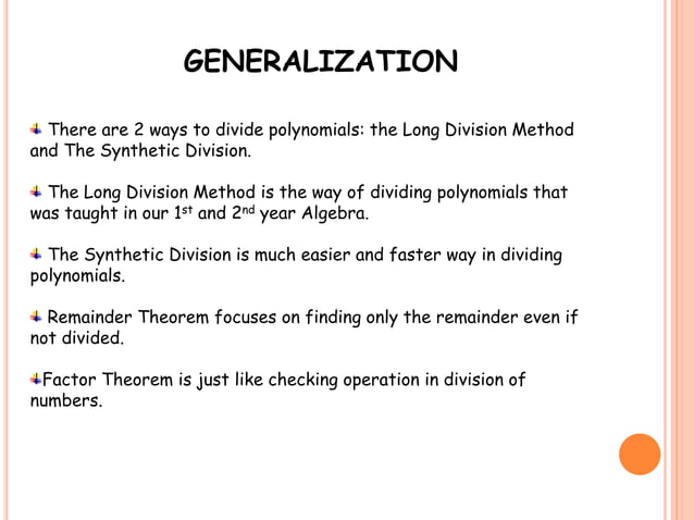 Long division, synthetic division, remainder theorem and factor theorem ...
