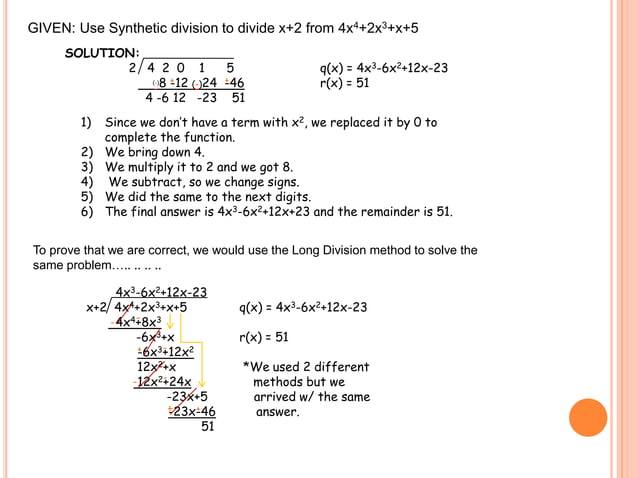 Long division, synthetic division, remainder theorem and factor theorem ...