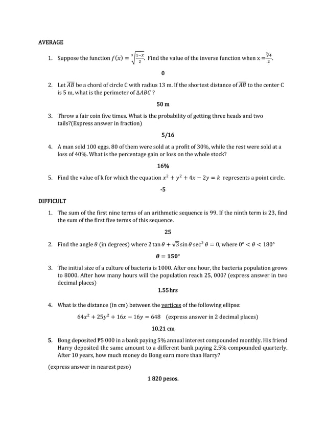 SHS MATH QUIZ | PDF