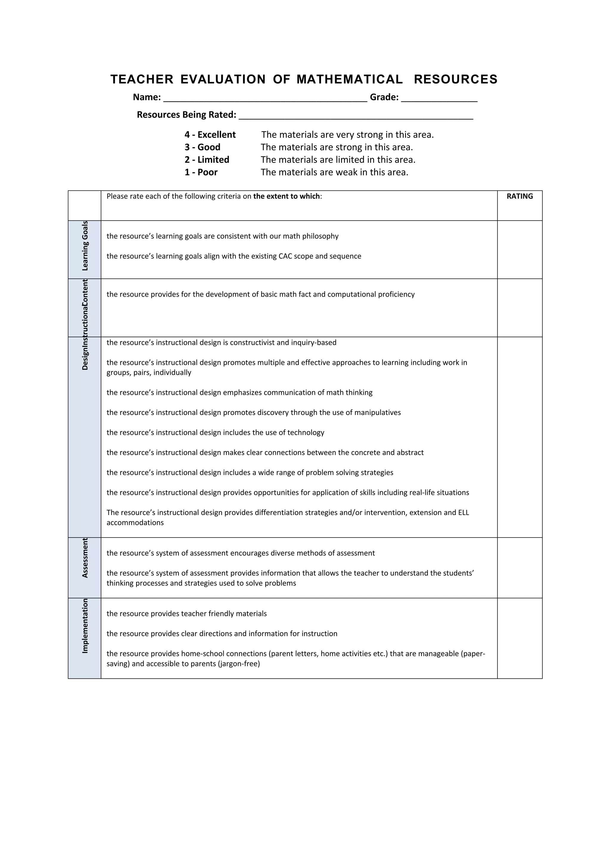 Math resources selection criteria | DOC | Educational Assessment ...