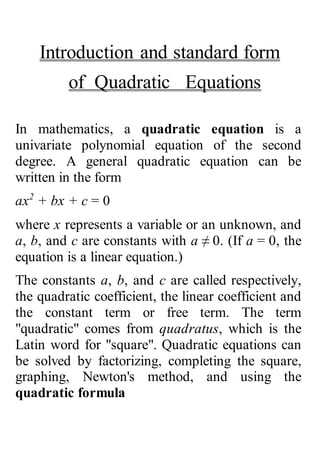 Maths Project Quadratic Equations | DOCX