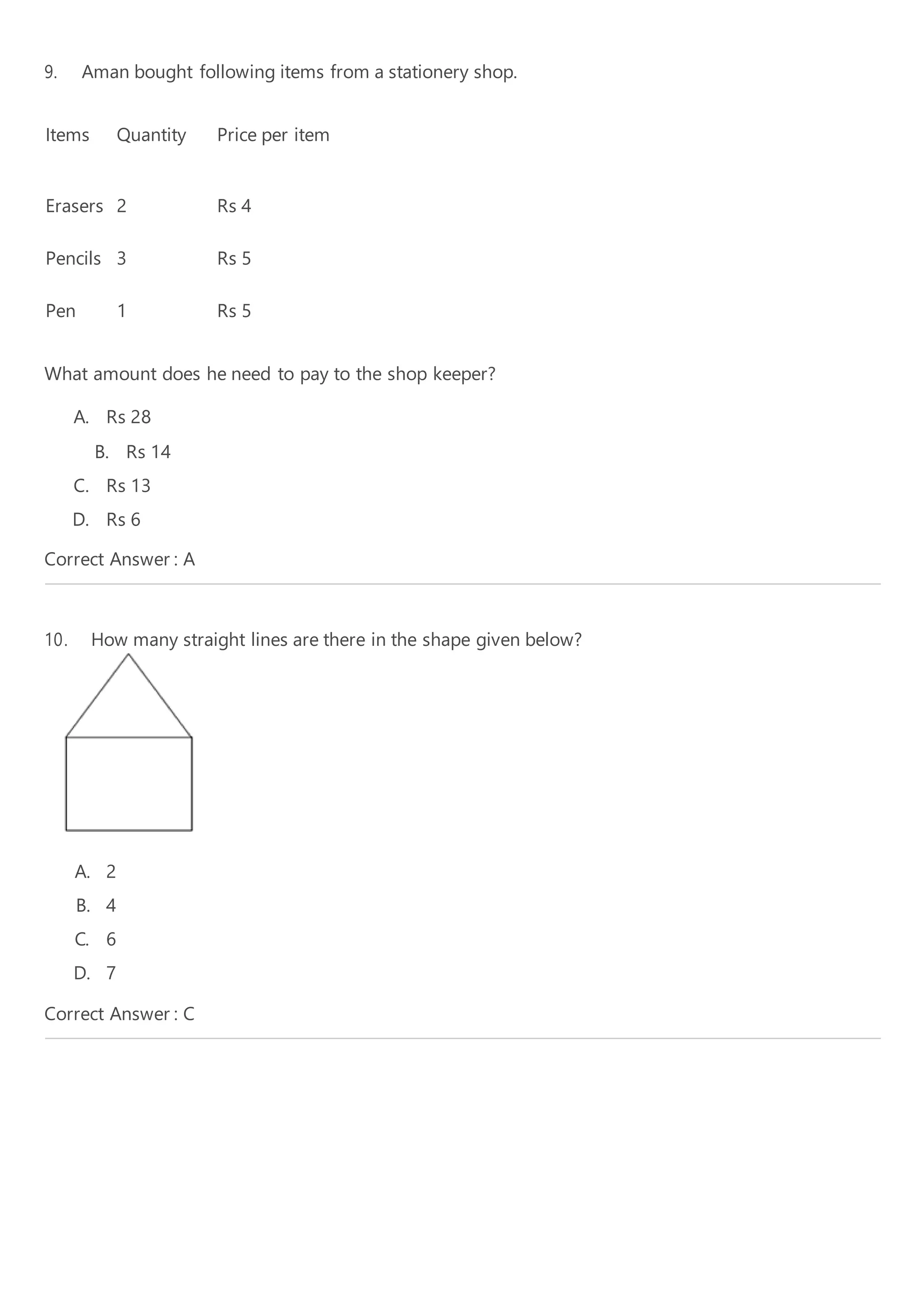KV SLATE EXAM CLASS III MATHS WITH KEY | DOCX
