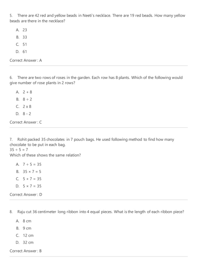 KV SLATE EXAM CLASS III MATHS WITH KEY | DOCX