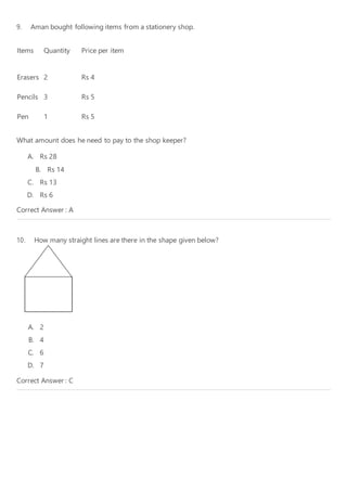 KV SLATE EXAM CLASS III MATHS WITH KEY | DOCX
