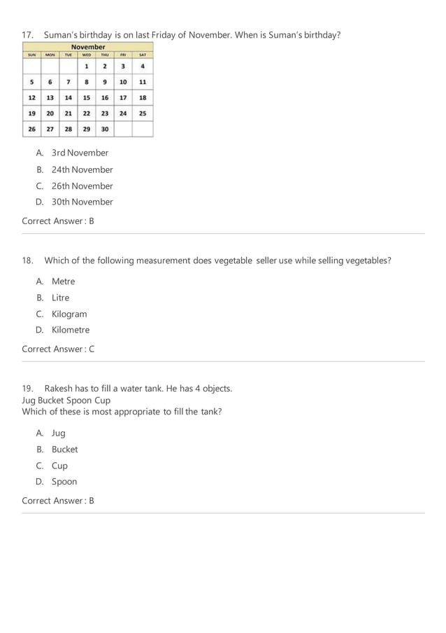 KV SLATE EXAM CLASS III MATHS WITH KEY | DOCX