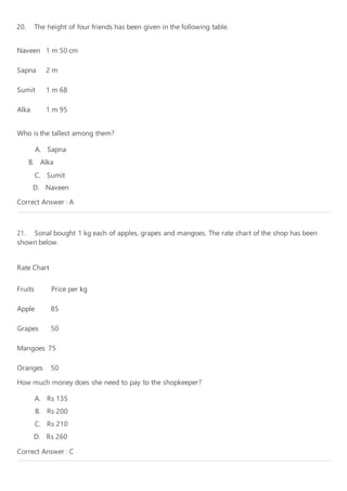 KV SLATE EXAM CLASS III MATHS WITH KEY | DOCX