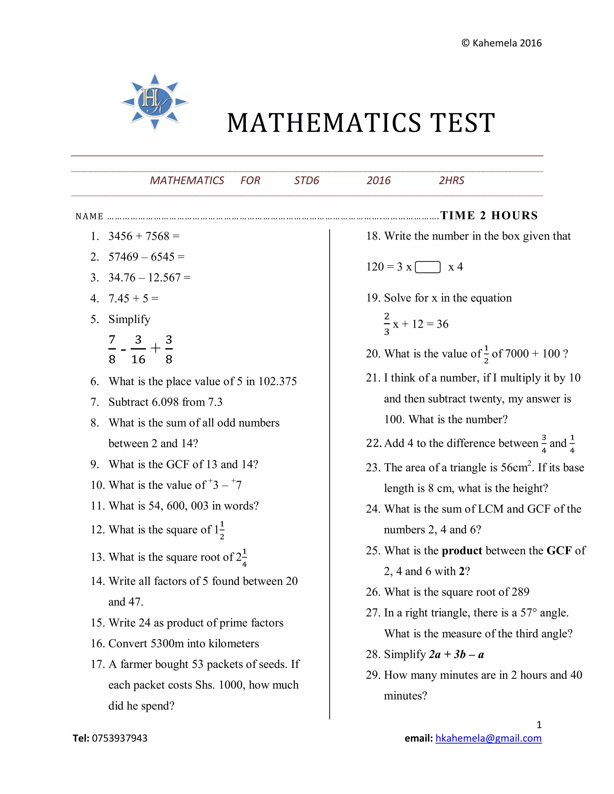 Maths class six 2014 (1) | PDF
