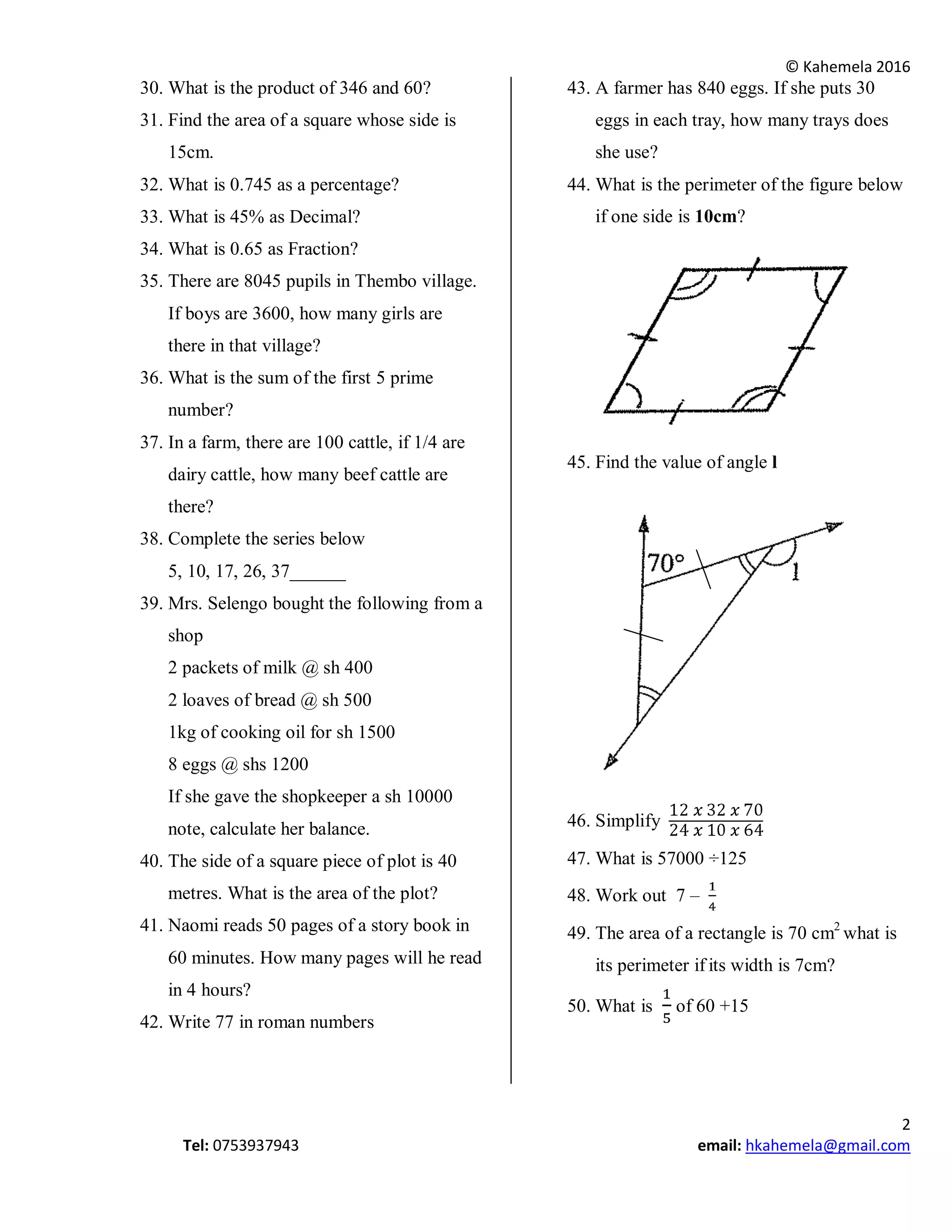 Maths class six 2014 (1) | PDF