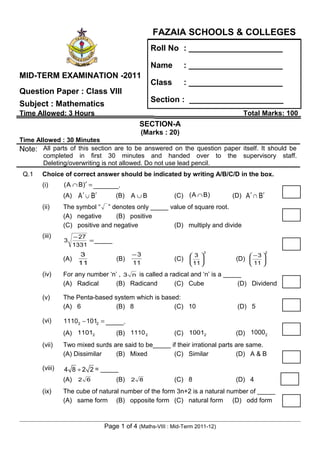 Mid term paper Maths class viii 2011 | DOC
