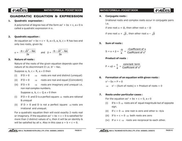 Maths formulae booklet (iit jee) | PDF