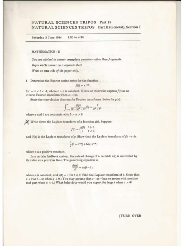 Natural Sciences Tripos, Part IB Mathematics (2 papers), from 1984 | PPTX