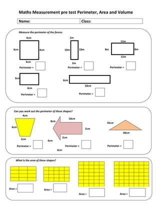 Maths Measurement Pre Test Perimeter | DOCX