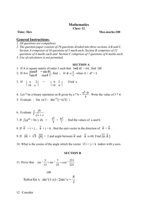 CBSE XII MATHS SAMPLE PAPER BY KENDRIYA VIDYALAYA | PDF