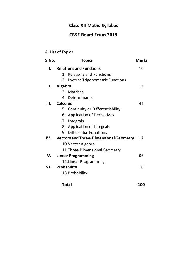 Class 12 Maths Board Syllabus CBSE 2018 Class 12 Maths Board Syllabus CBSE 2018
