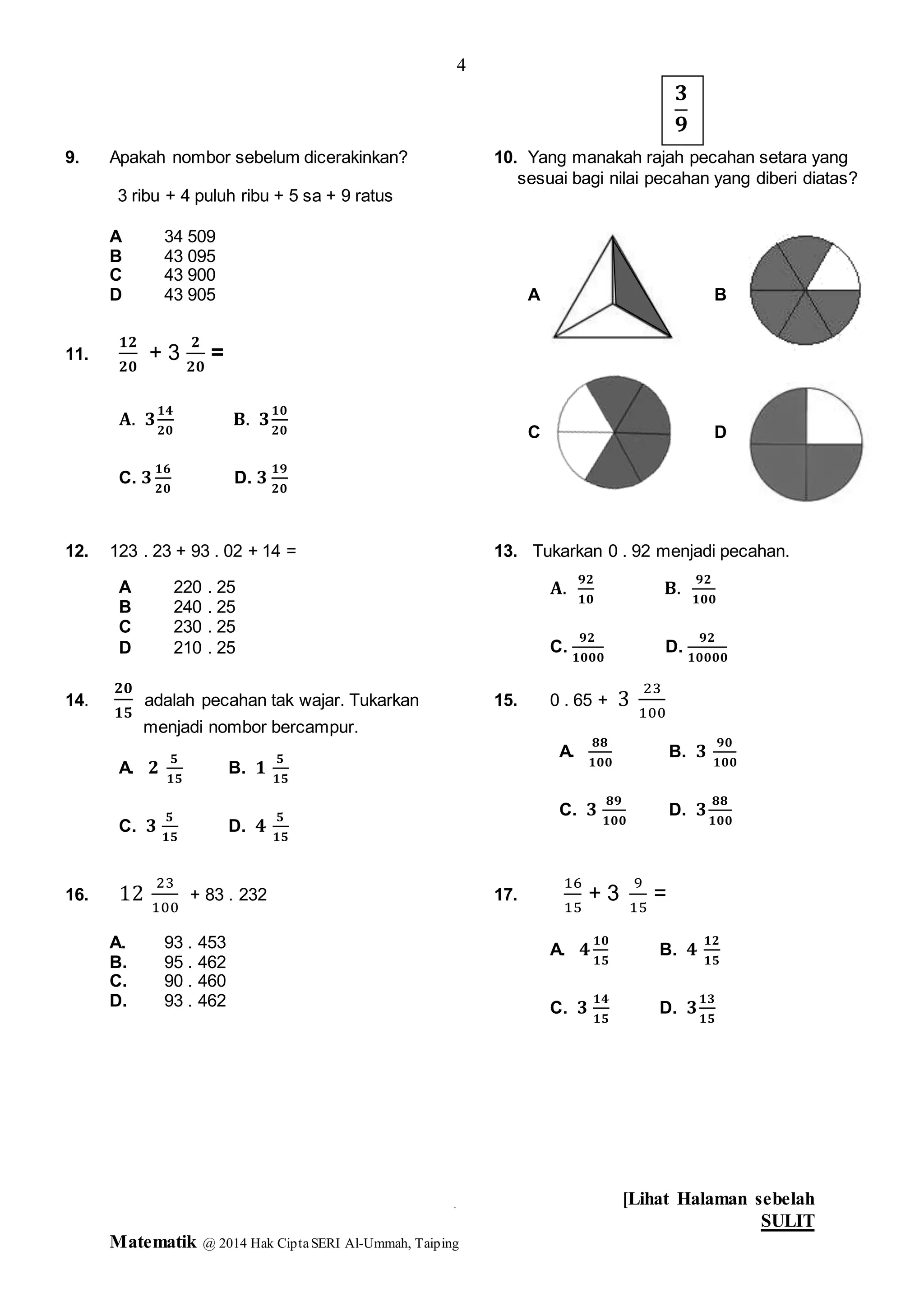 Matematik Pertengahan Tahun 2014 Tahun 4 | DOCX