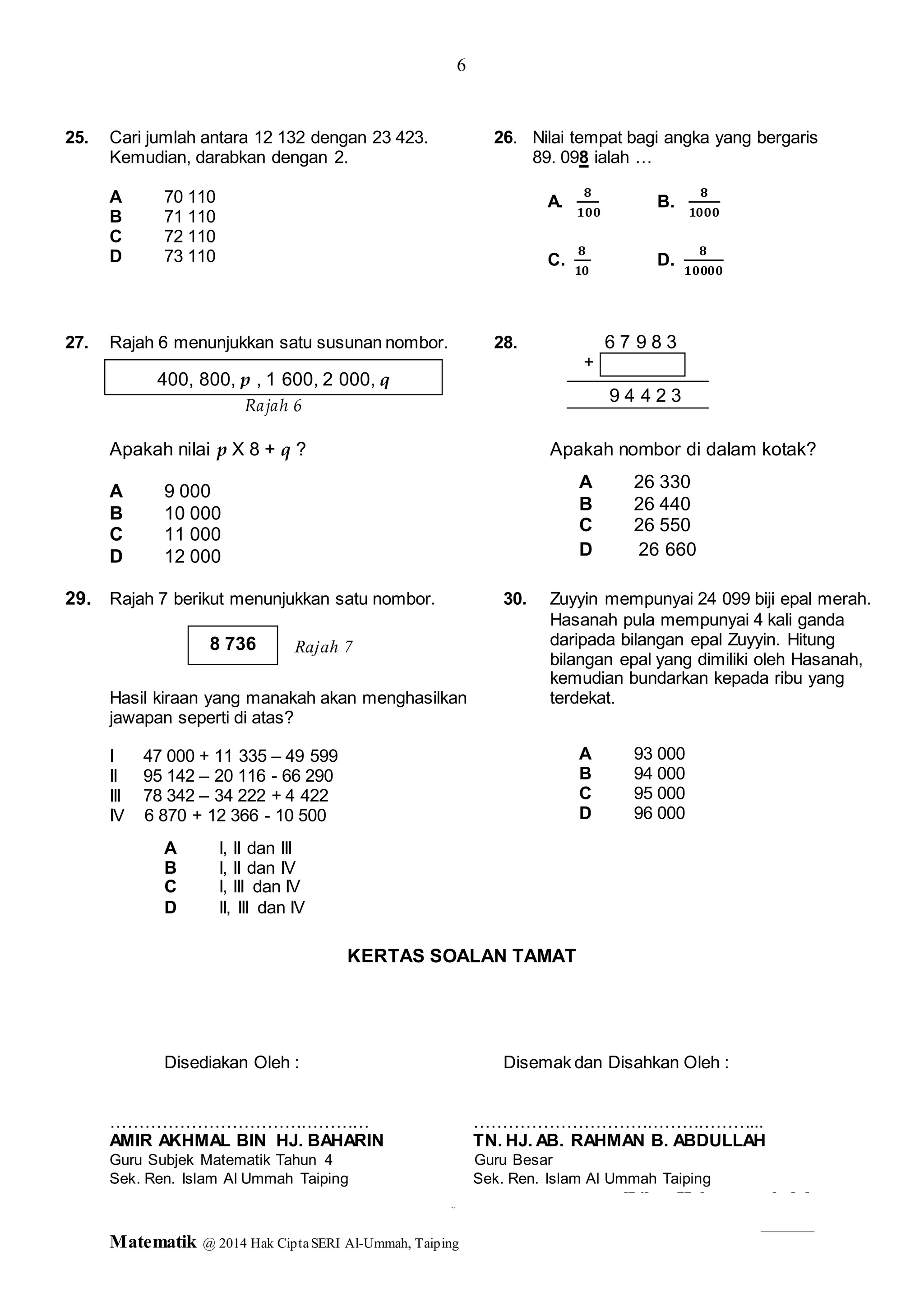 Matematik Pertengahan Tahun 2014 Tahun 4 | DOCX