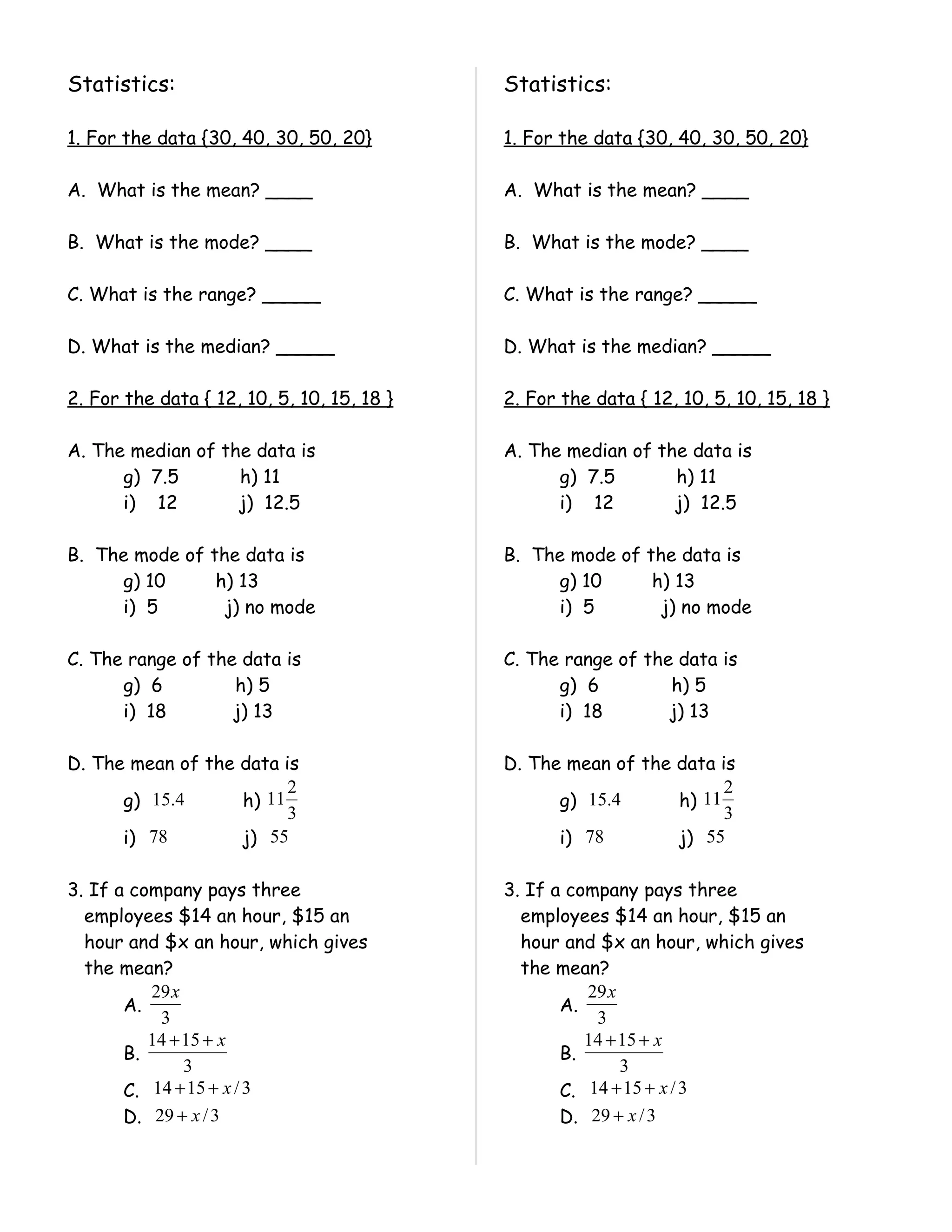 MATH: STATISTIC WORKSHEET | PDF