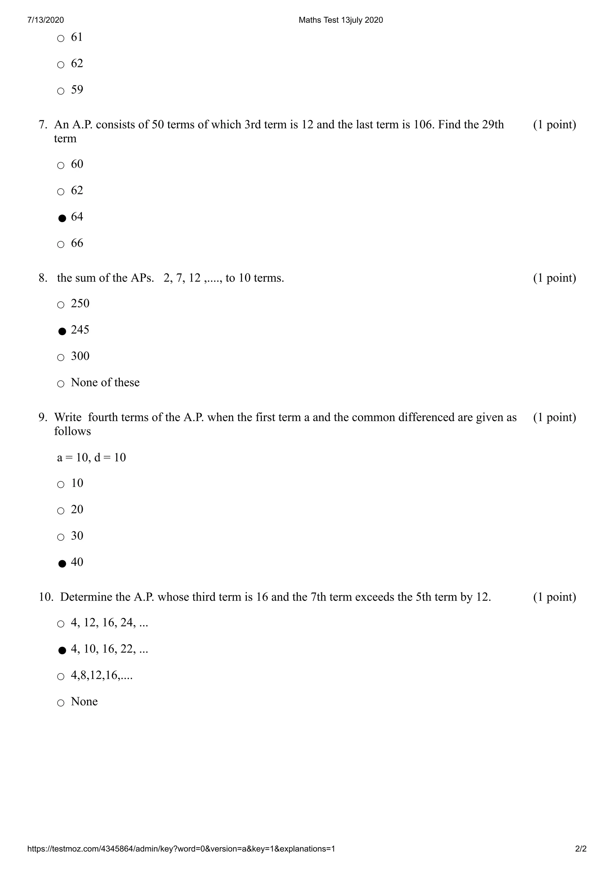 Maths test answer key | PDF