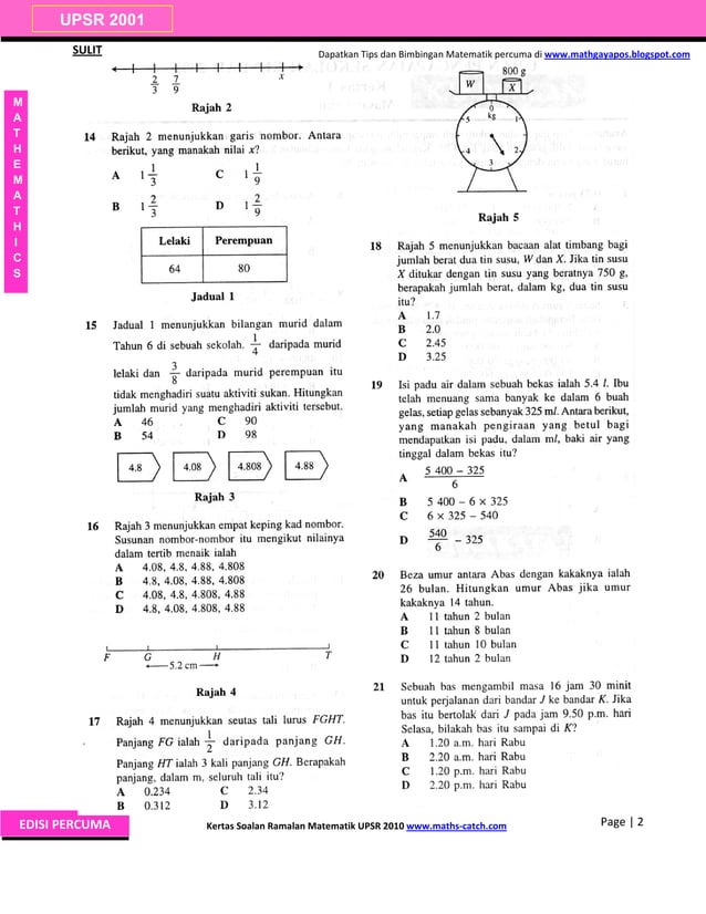Maths upsr sebenar 2001 | PDF