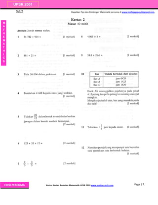 Maths upsr sebenar 2001 | PDF