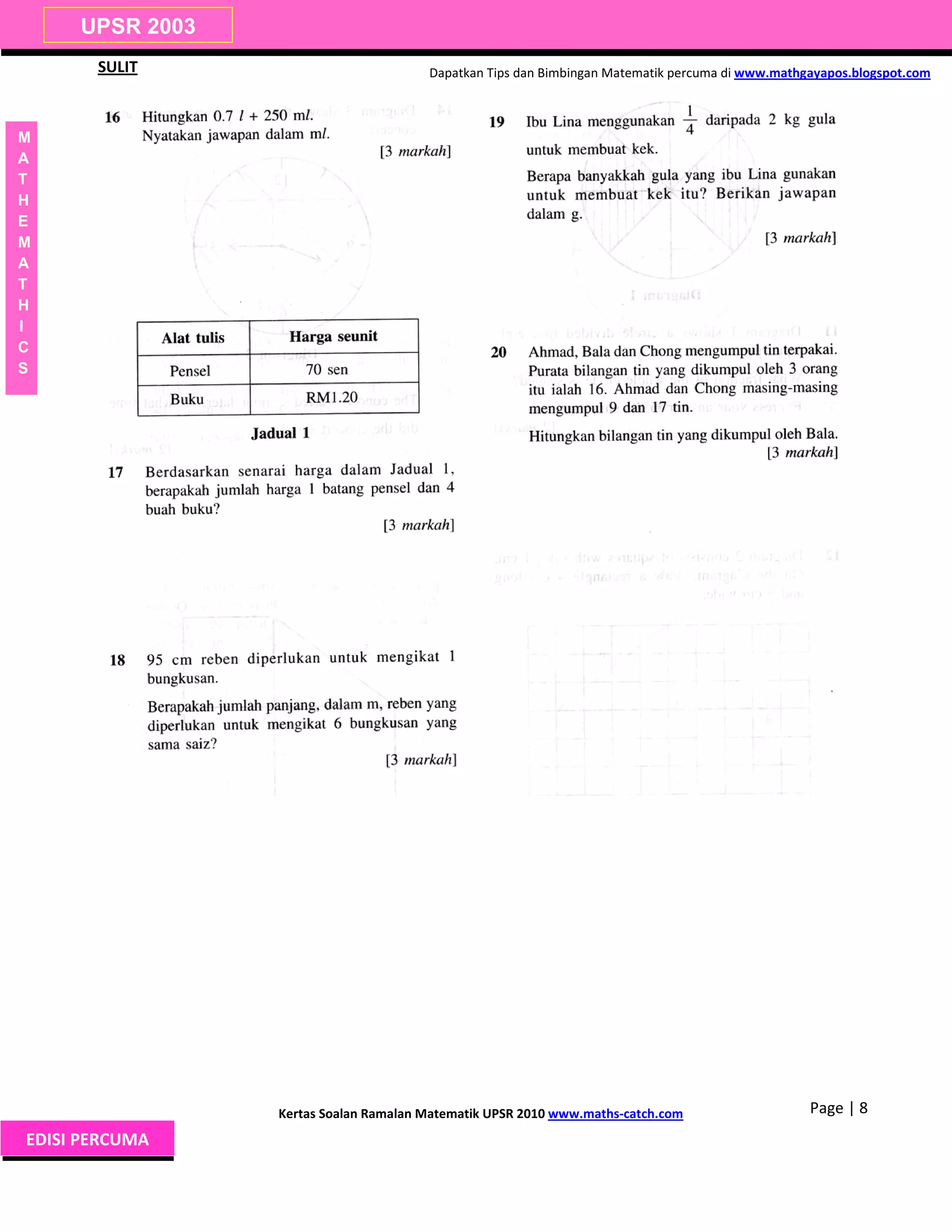 Maths upsr sebenar 2003 | PDF