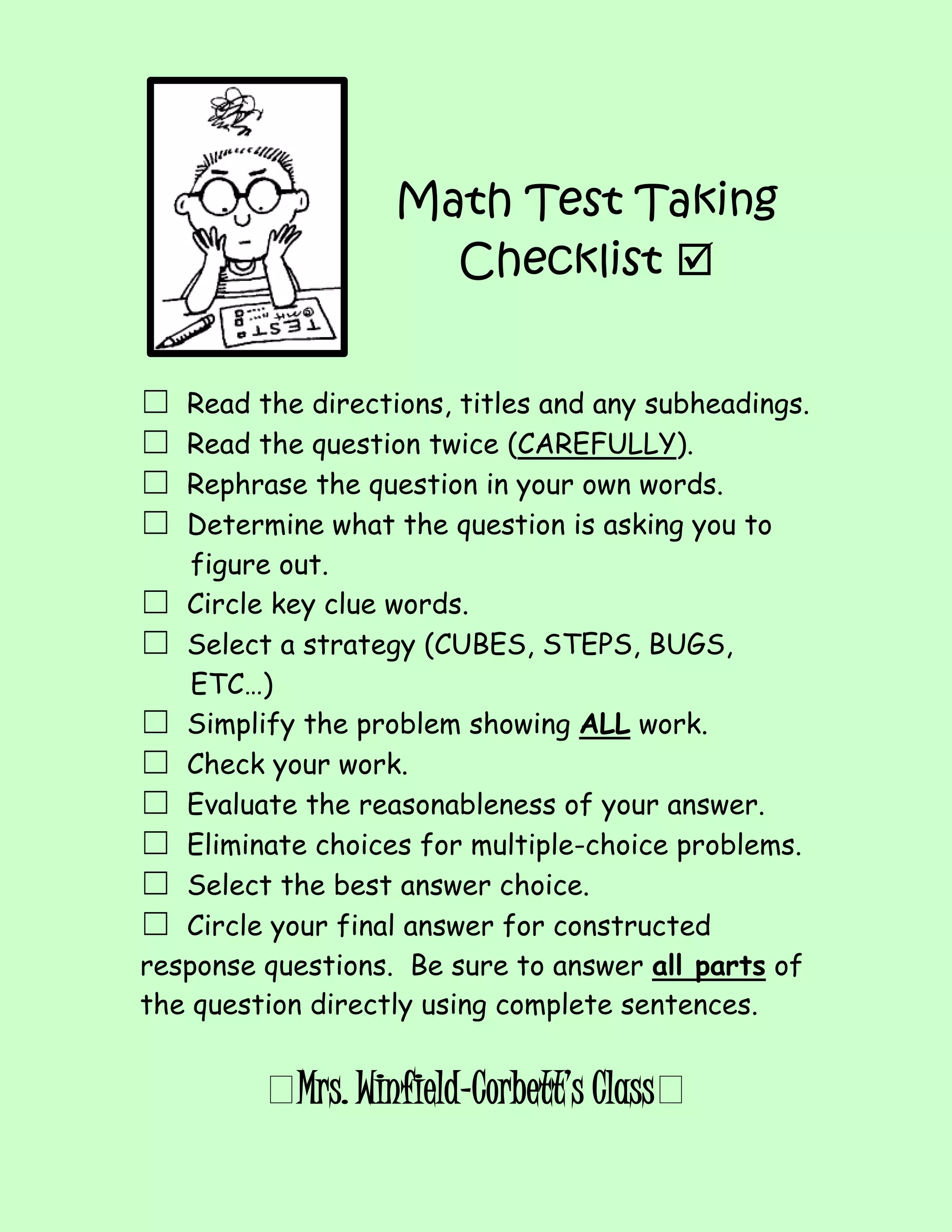 Math test taking checklist | DOCX