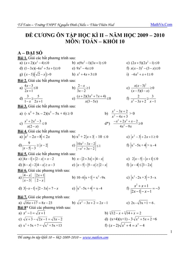 Math vn.com decuongtoan10-hk2-nam2010 | PDF