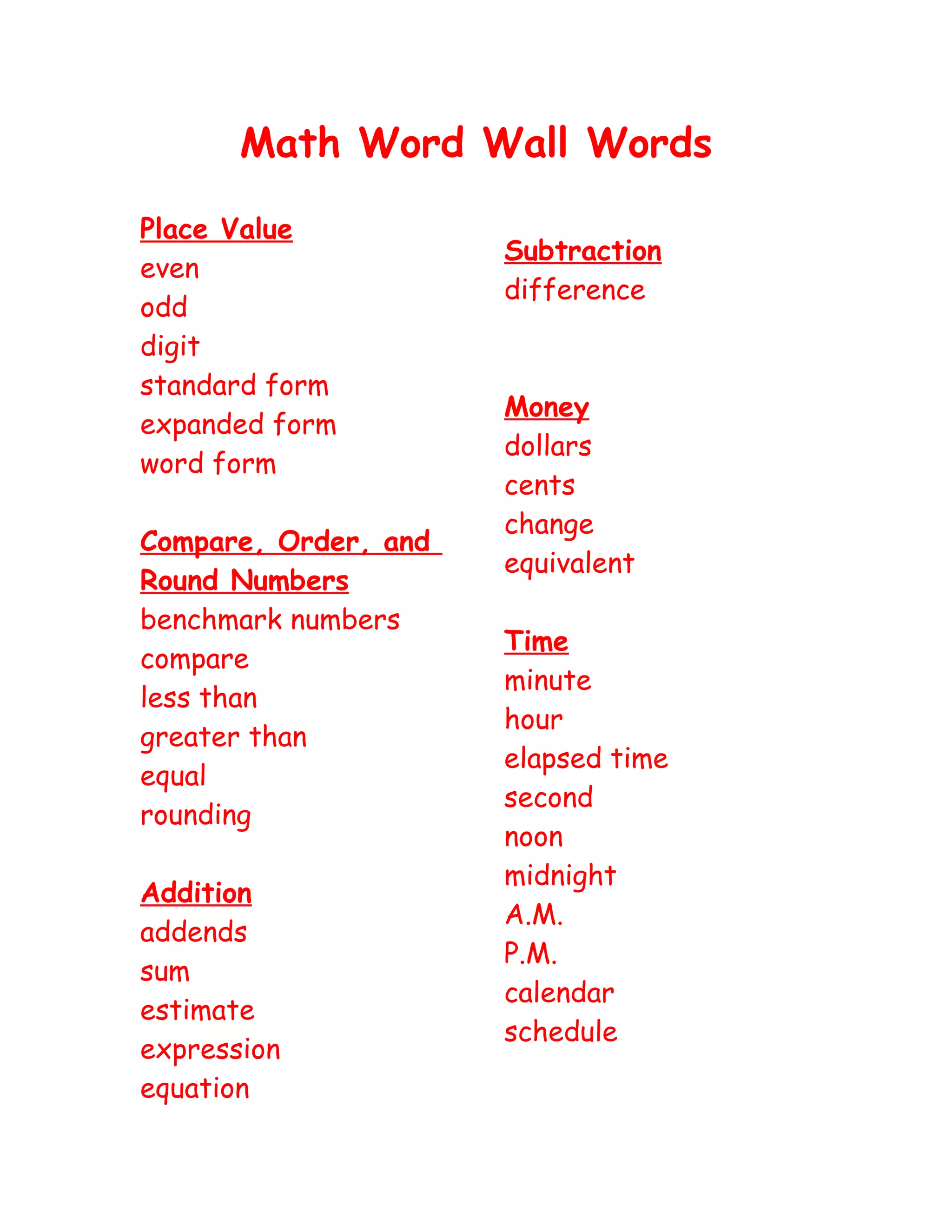 Math Word Wall Words 3rd Grade | PDF