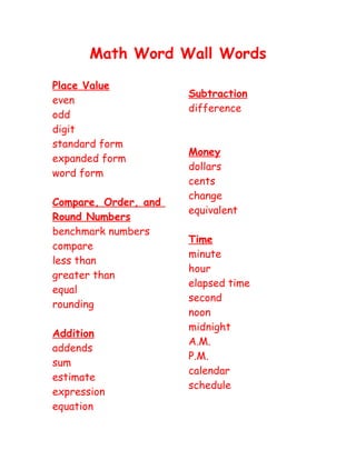 Math Word Wall Words 3rd Grade | PDF