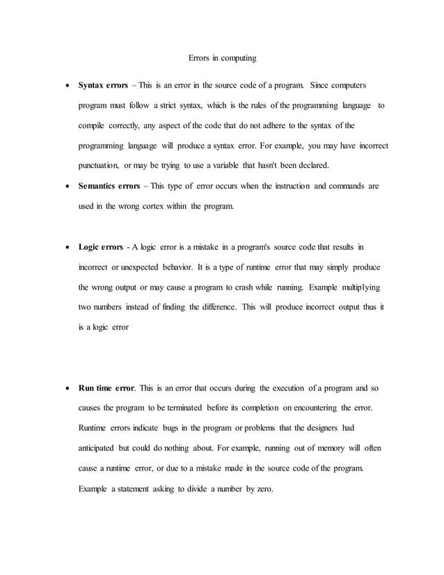 Errors in Computing- Runtime, Semantics, Syntax and Fixed and Floating point | PDF